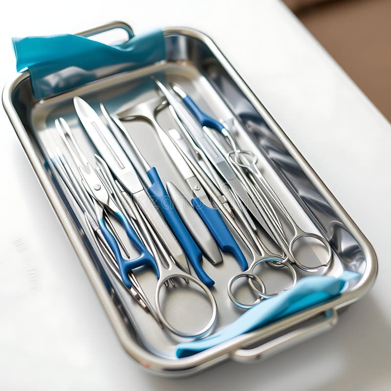 A Stainless Steel Surgical Tray Filled with Basic Medical Instruments ...