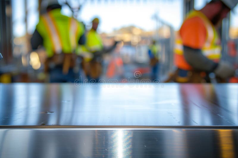 Stainless Steel Table with Blurred Construction Workers Wielding Tools ...