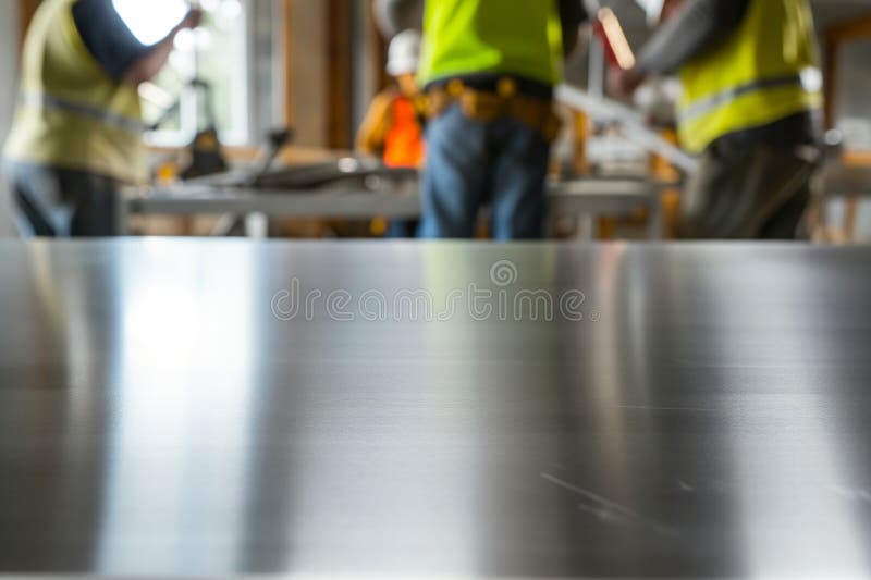 Stainless Steel Table with Blurred Construction Workers Wielding Tools ...