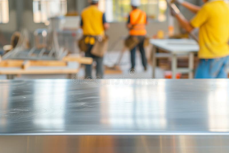 Stainless Steel Table with Blurred Construction Workers Wielding Tools ...