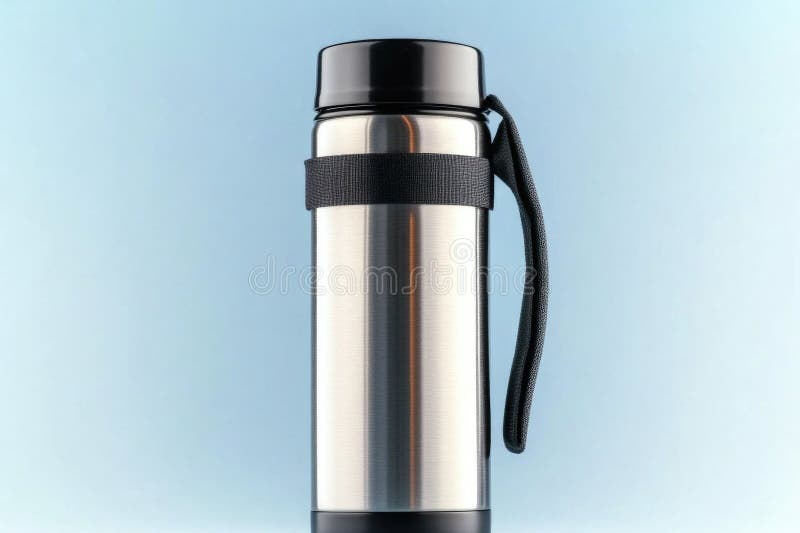 Stainless Steel Thermos with Black Handle on Light Blue Background ...
