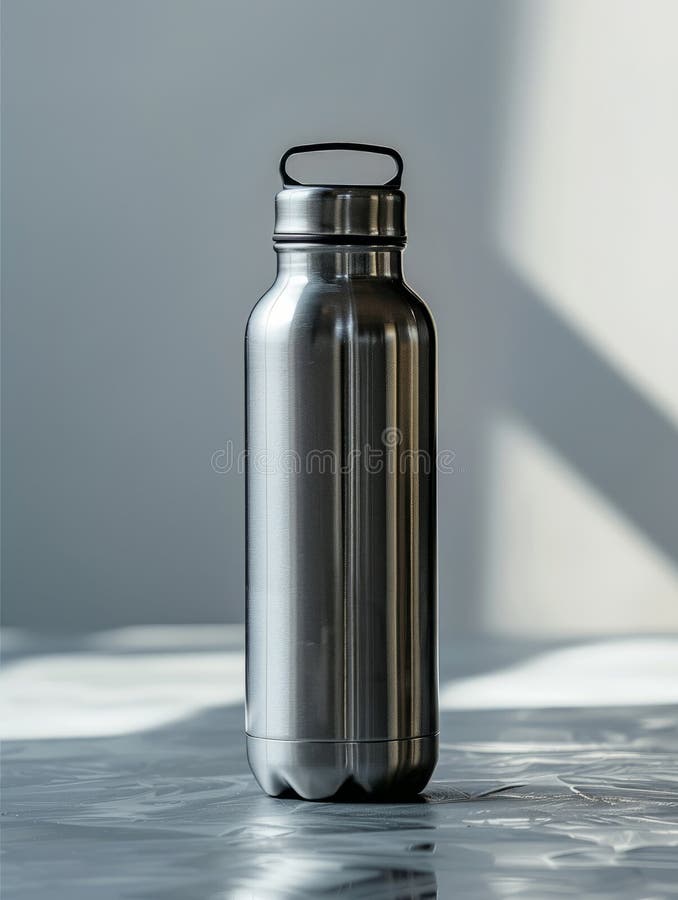 Stainless Steel Water Bottle on a Light Surface, Casting Shadows. Stock ...