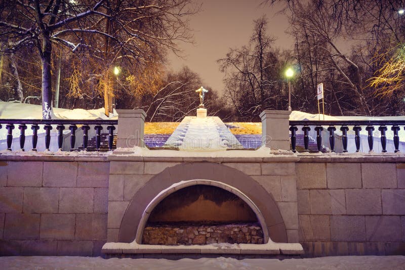 Staircase with Beautiful Columns in the Snow in Winter in the Park with ...