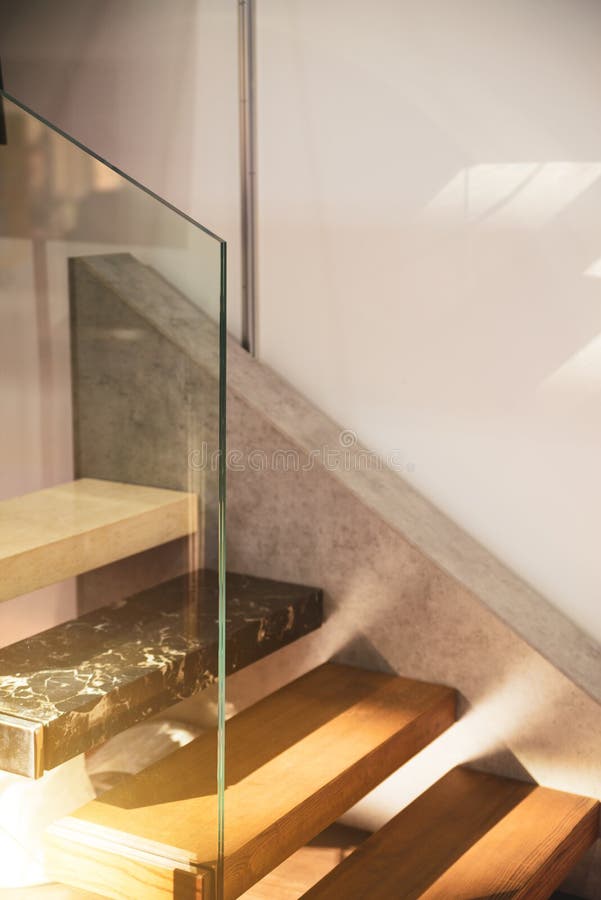 Staircase with Clear Glass Railings Stock Photo - Image of construction ...