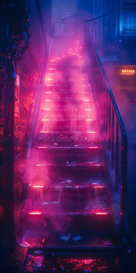 A Staircase in a Dark Alley with Neon Lights Stock Photo - Image of ...