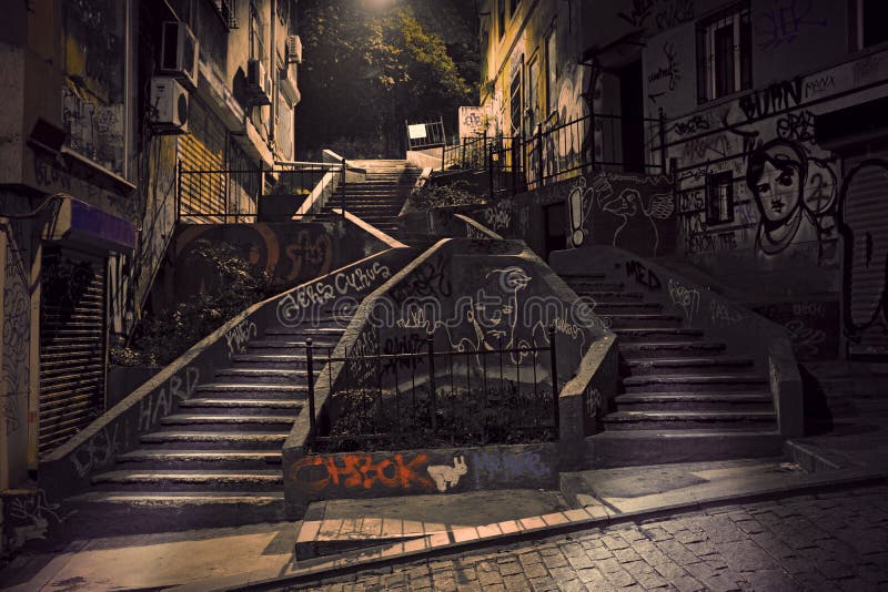 Staircase with graffiti editorial stock image. Image of night - 35646219