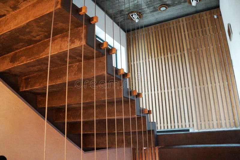 Staircase in the House with Railing Stretched from a Cable Stock Image ...