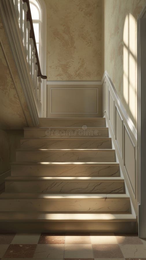 Staircase Illuminated by Natural Light from Window Above. Architectural ...