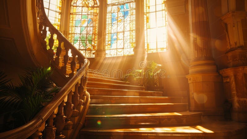 Staircase Illuminated by Sunlight Streaming through Stained Glass ...
