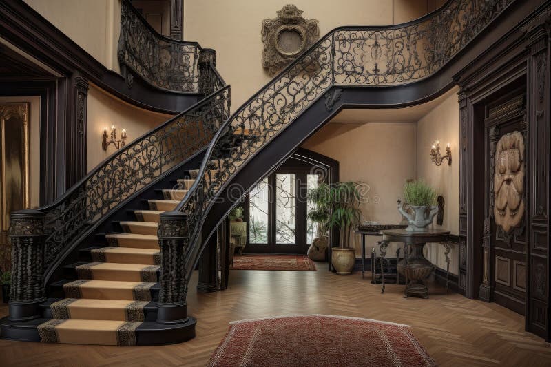 Staircase with Intricate Ironwork, Leading To Detailed and Majestic ... Staircase with Intricate Ironwork, Leading To Detailed and Majestic ...