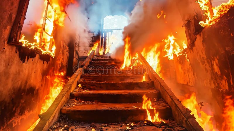 A Set of Stairs in a Building that is Engulfed in Flames Stock Footage ...