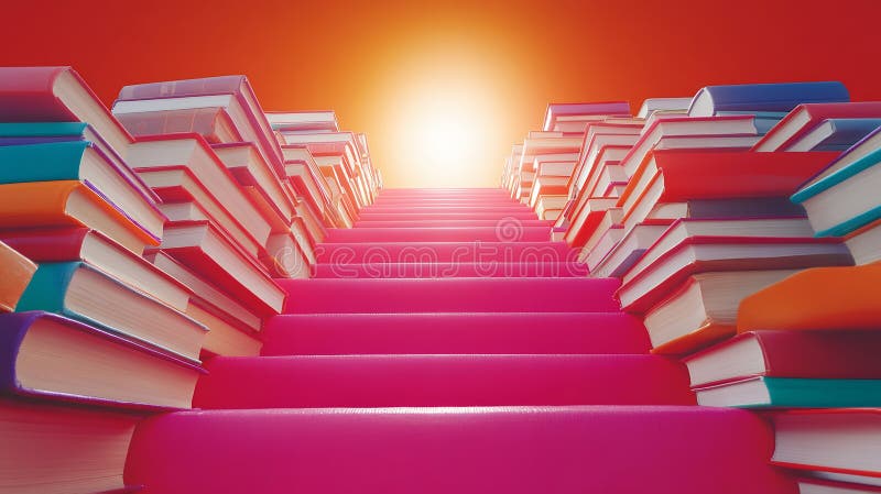A Staircase Made of Pink Steps Leading To a Bright Light with Books on Either Side of the Stairs ...