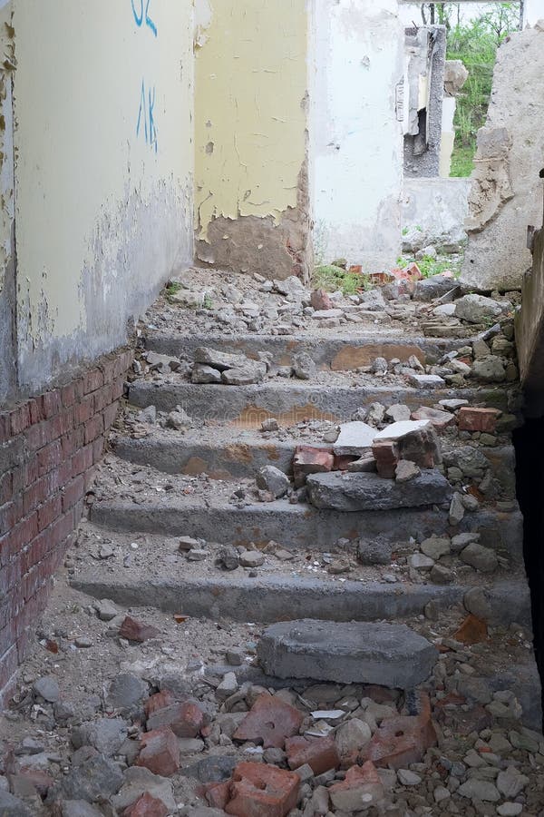 Staircase with Old Brick Wall Inside Old Abandoned Building Stock Photo ...