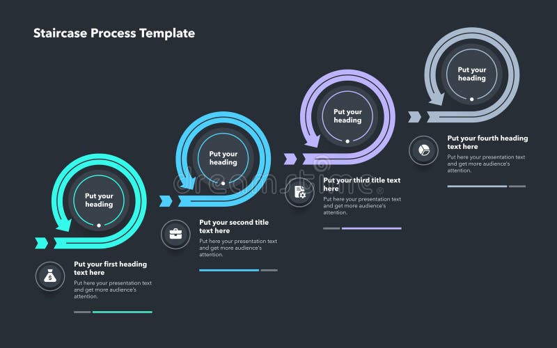 Staircase Process Infographic Template with Four Circle Steps - Dark ...