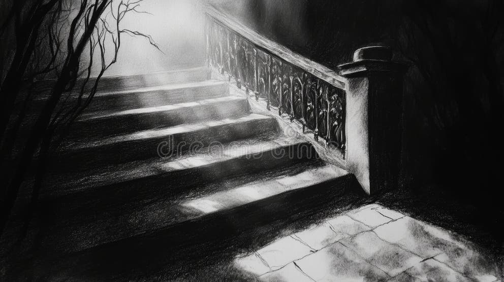 A Staircase with a Railing and a Shadow Cast on the Steps Stock ...