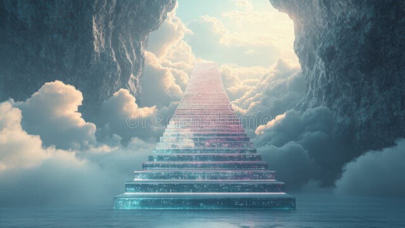 Staircase of Translucent Digital Mist Ascends into the Clouds ...