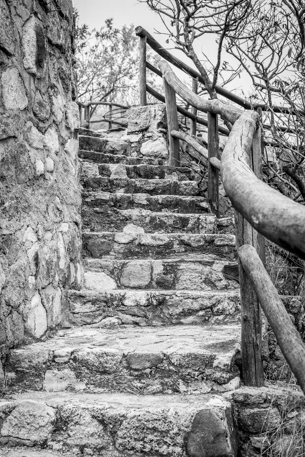 Staircase Vertical Landscape of Rustic Stone and Wood Railings Stock ...