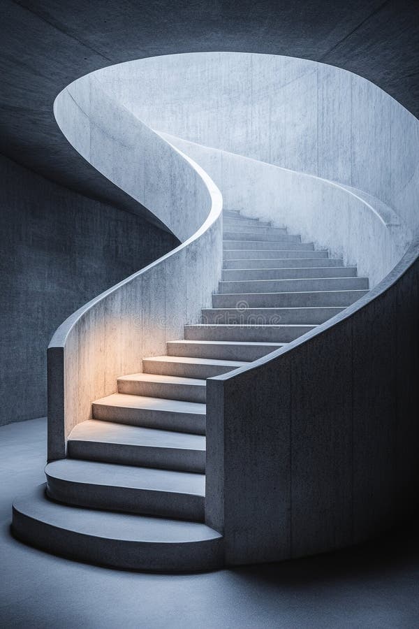 The Staircase Winds Upwards in a Smooth Spiral, Softly Lit by Dim ...