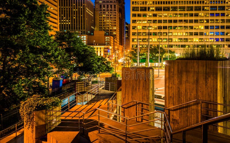 Stairs and Buildings at Night at the Inner Harbor in Baltimore, Stock ...