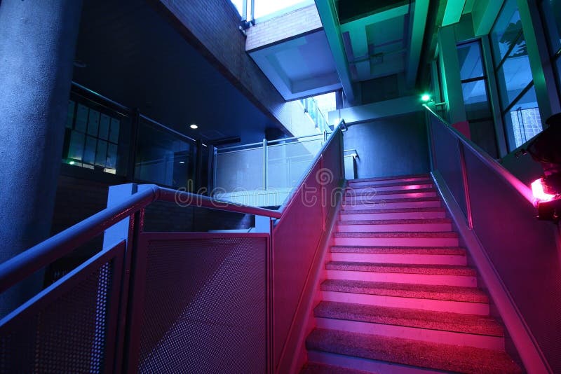 Stairs in blue neon lights stock photo. Image of stairway - 51614912