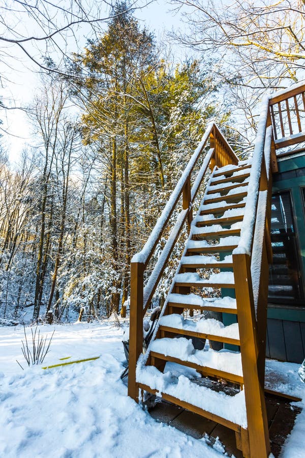 Stairs Covered Snow House in Suburbs in Winter Stock Image - Image of ...