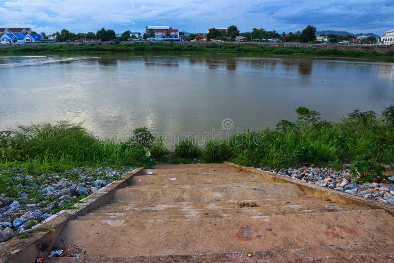Stairs Down the Path and Landscape, River and Sky, Grass Stock Image ...