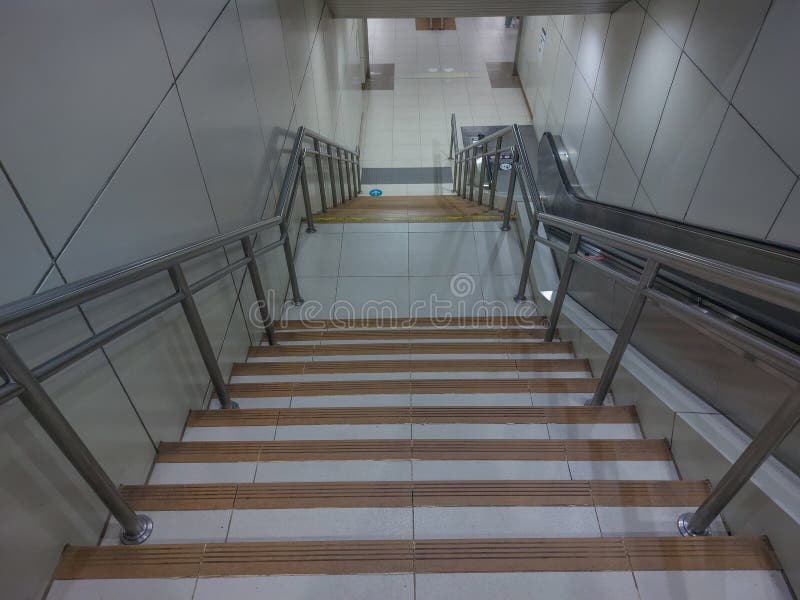 Stairs Down with Stainless Railing Stock Photo - Image of handrail ...