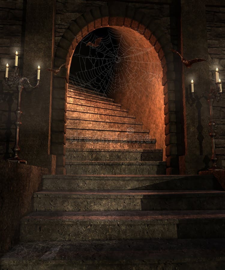 Stairs in a dungeon stock illustration. Illustration of candelabra ...