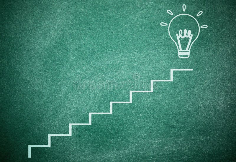 Stairs with Light Bulb Drawn on Green Chalkboard. Steps To Success ...