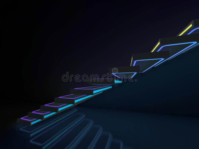 Stairs in Neon Lights Going Up To Club or Disco. 3D Stock Illustration ...