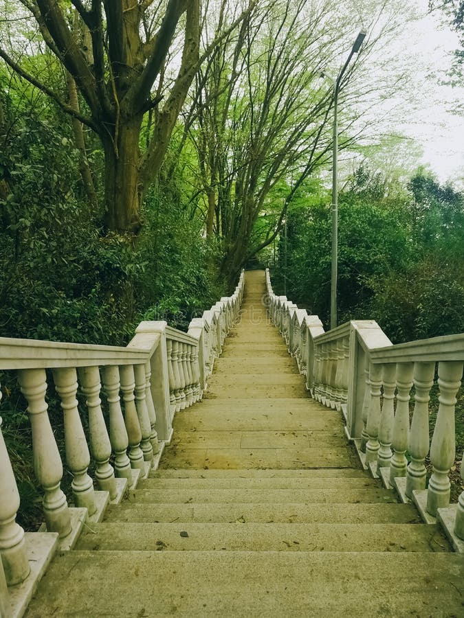 Stone Stairs with White Railings in the Park. Stock Image - Image of ...