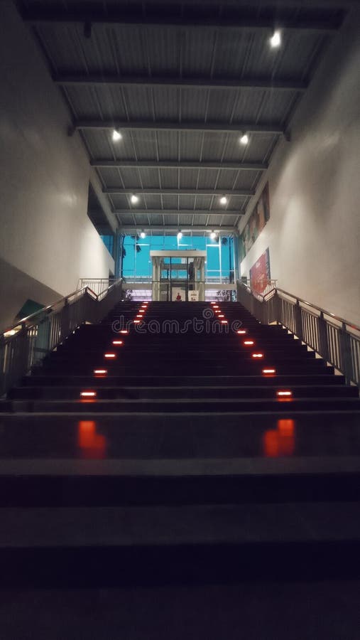 Stairs with Red Lights at Night Help Footsteps Stock Photo - Image of ...