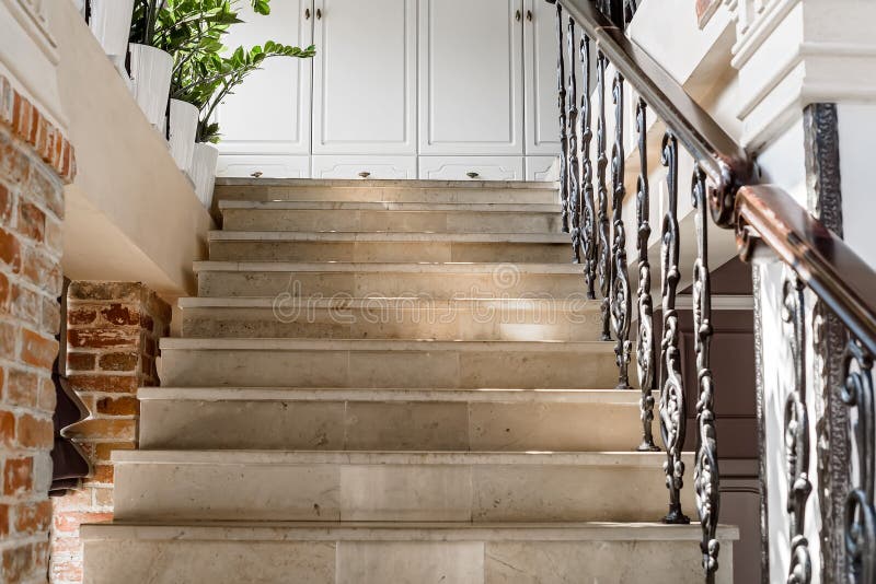 Stairs in Restaurant Cafe Interior Stock Image - Image of chandeliers ...