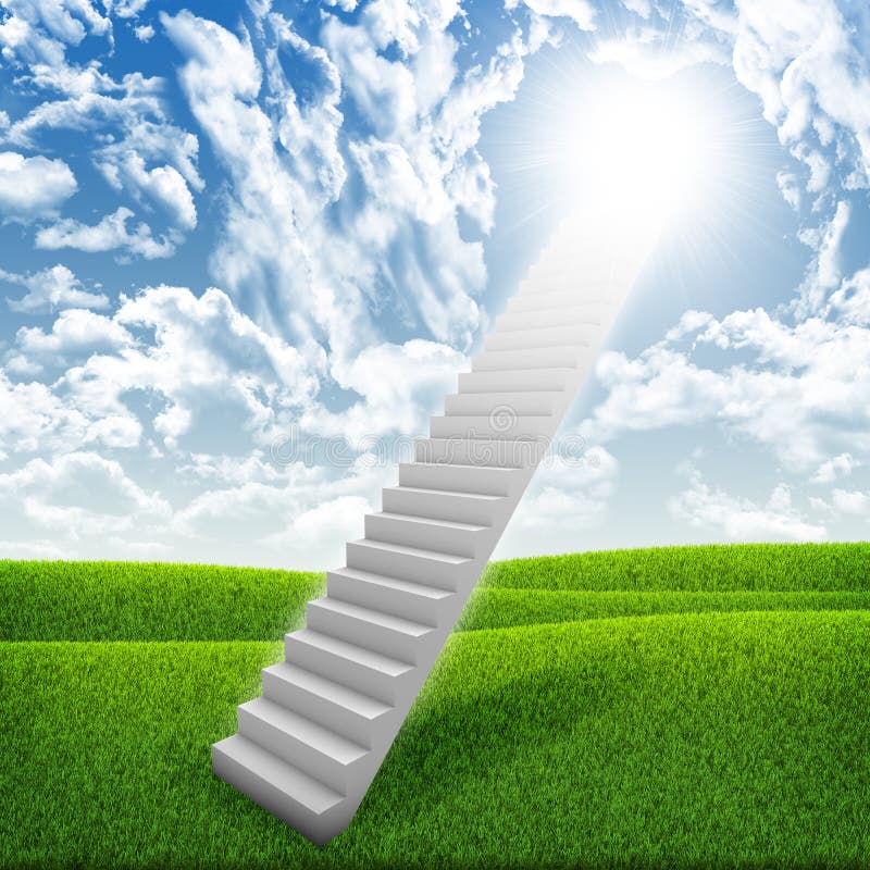 Stairs in Sky with Green Grass, Road and Clouds Stock Photo - Image of ...