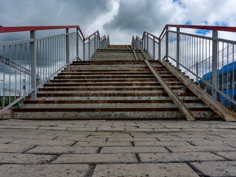 Stairs To the Railway Bridge at Starry and Cloudy Night Stock Image ...