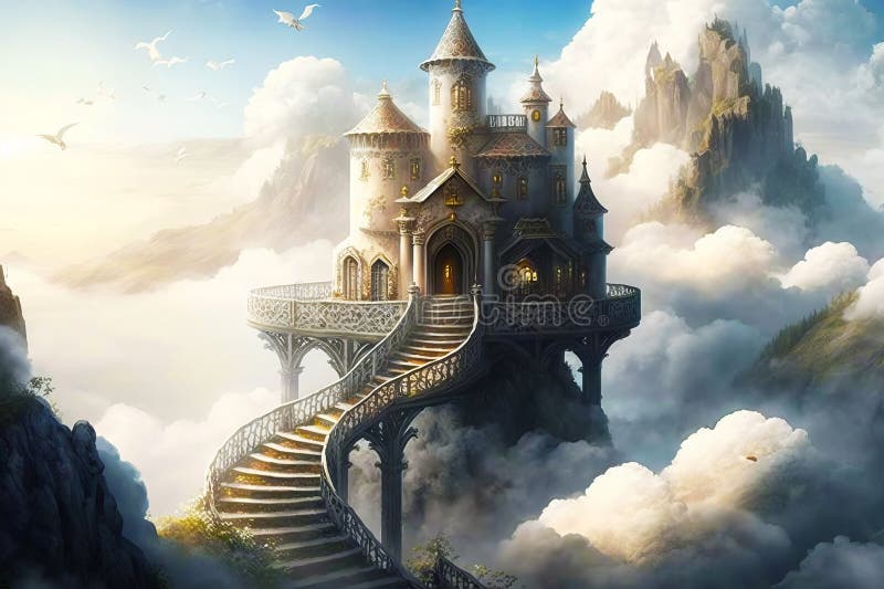 Stairway Leading To Castle in the Sky with Clouds. Generative AI Stock ...