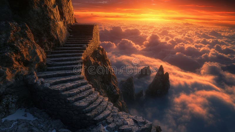 Stairway To Heaven Stone Steps Above the Clouds with a Vibrant Sunset Glow Stock Image - Image ...