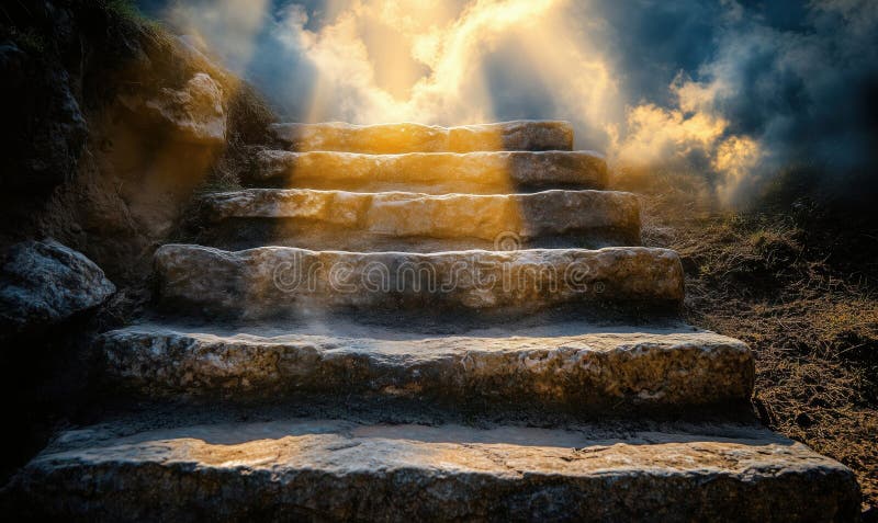 Stairway To Light with Dramatic Clouds and Sunbeams Illuminating Steps ...