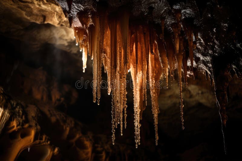 Stalactite, Hanging from the Ceiling of Cave, with Droplets of Water ...