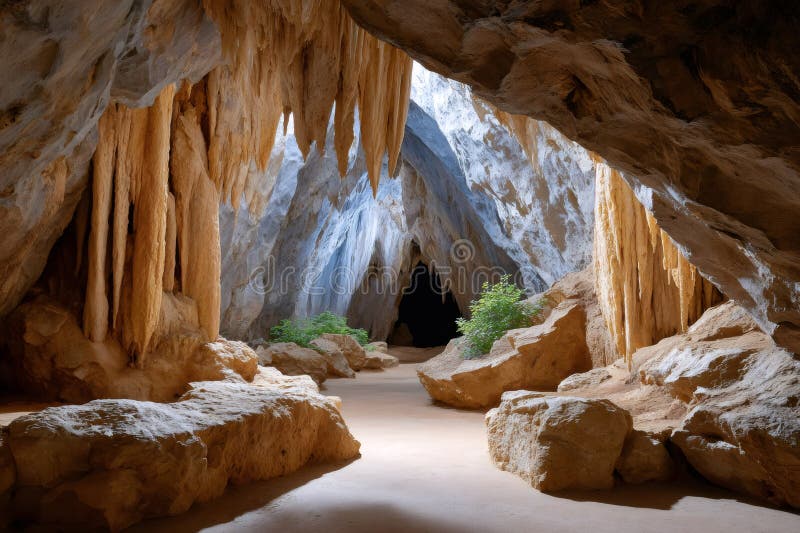 Stalactites Hanging from Ceiling of Illuminated Cave Stock Illustration ...