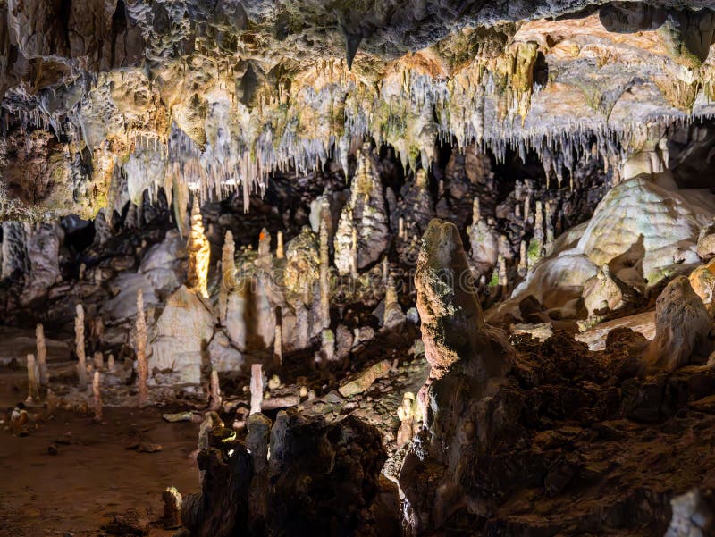 Stalagmites Rising from the Ground in an Illuminated Cave Stock Photo ...