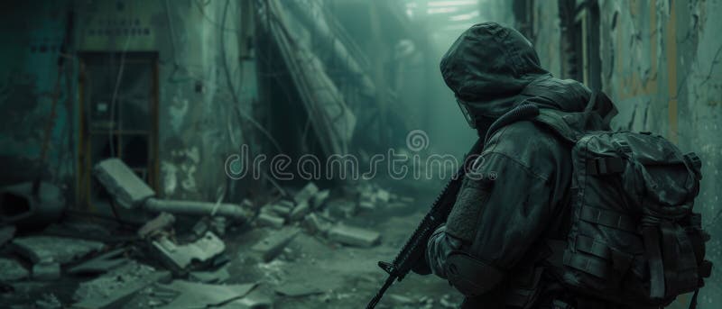 A Stalker Wanders through Post-apocalyptic Ruins Stock Illustration ...