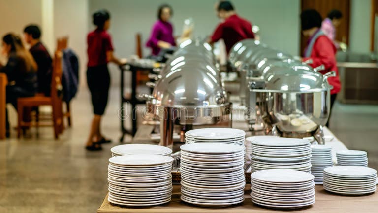 Stalks of Plain White Plates on Top of Buffet Table. Stack of White ...