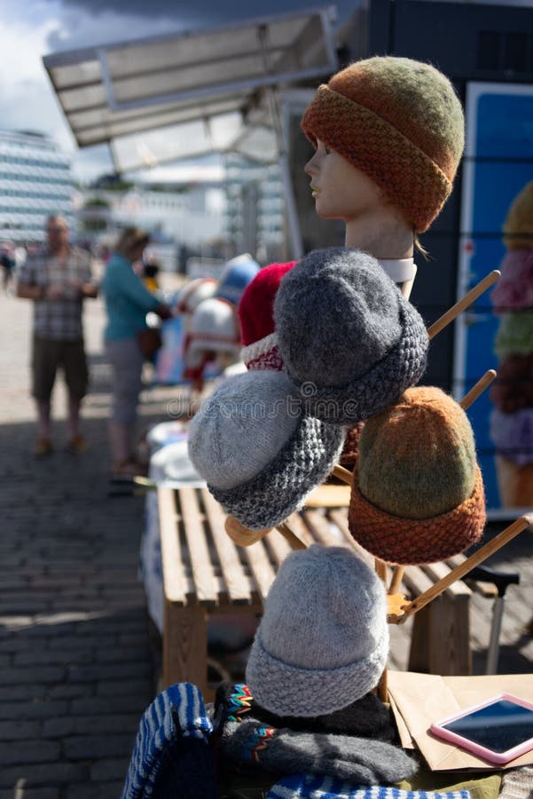 A Stall with Hand-made Wool Caps in Helsinki in Summer Stock Image ...