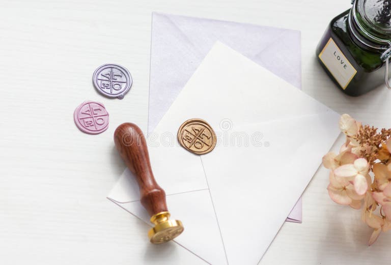 Stamp and Envelope on a White Table, Top View Stock Photo - Image of ...