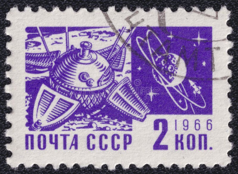 A Stamp Printed in the Former USSR in 1966 Features Space Probe Luna-9 ...