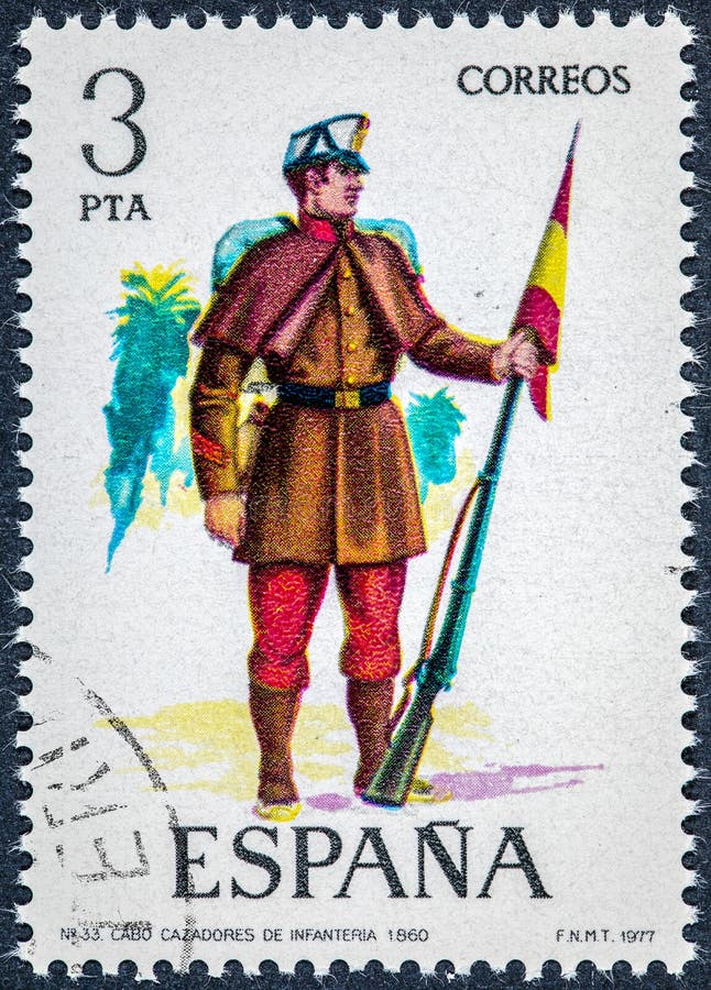 Stamp Printed in Spain Shows Cape Hunters of Infantry 1860 Editorial ...