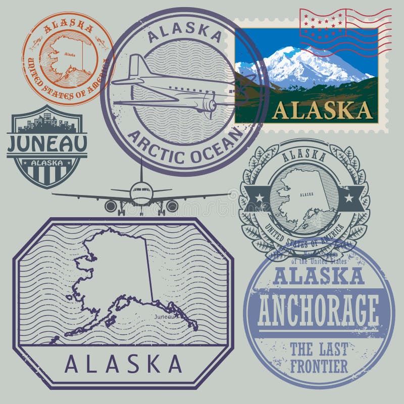 Stamp Set with the Name and Map of Alaska Stock Vector - Illustration ...