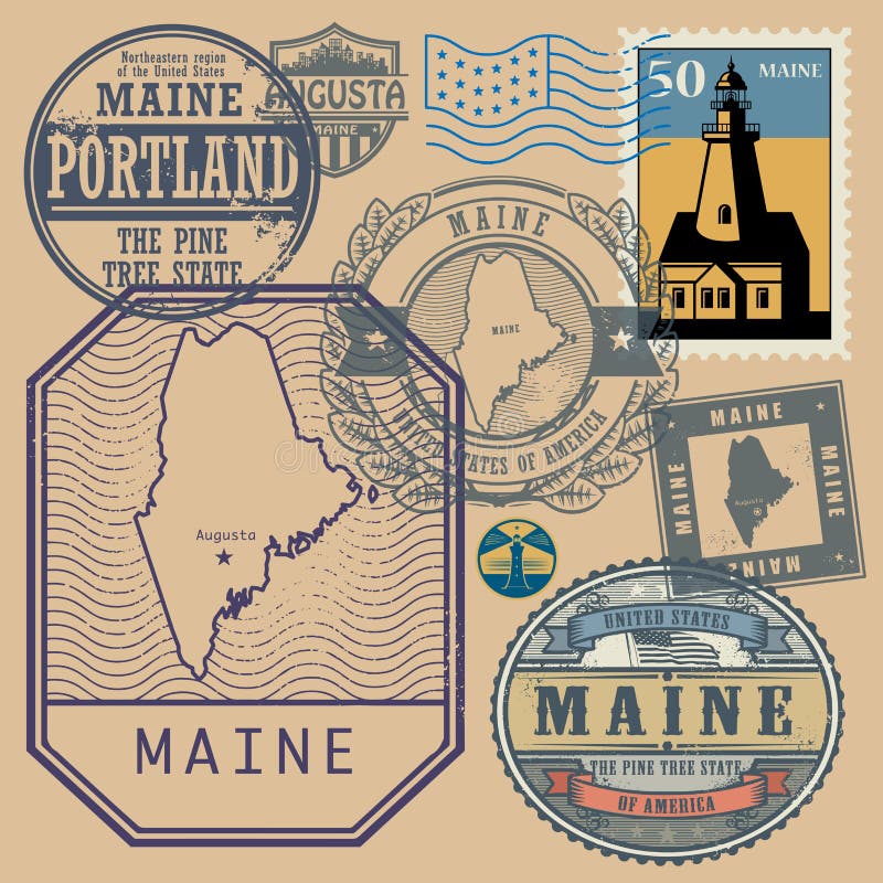 Stamp Set with the Name and Map of Maine Stock Vector - Illustration of ...