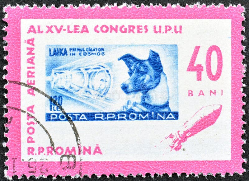 Stamp with Sputnik 2 and Laika, Rocket, Stamp Day Editorial Image ...